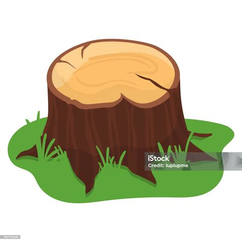 잔디 평면 디자인의 나무 그루터기 삼림 벌채 개념 와 갓 자른 통나무 벡터 일러스트 레이 션 0명에 대한 스톡 벡터 아트 및