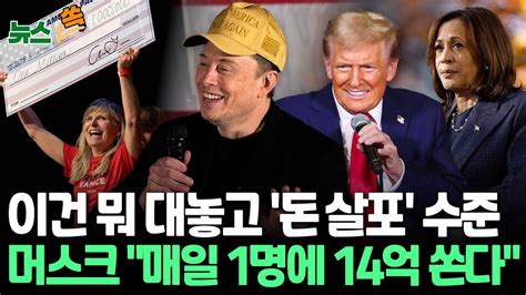 [뉴스쏙] 머스크 청원 서명하면 14억 준다 불법 선거운동 논란｜트럼프 대선 승리 확률 52 …8월 후 첫 역전 연합뉴스tv Yonhapnewstv