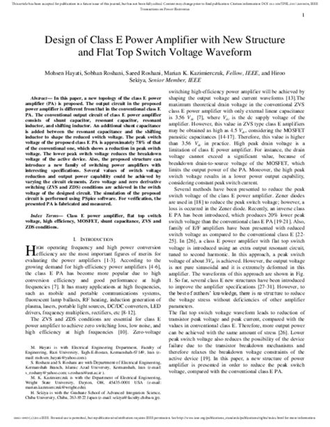 Pdf Design Of Class E Power Amplifier With New Structure And Flat Top Switch Voltage Waveform