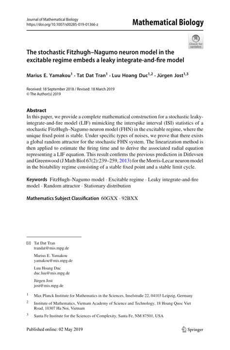 Pdf The Stochastic Fitzhugh Nagumo Neuron Model In The Excitable Regime Embeds A Leaky