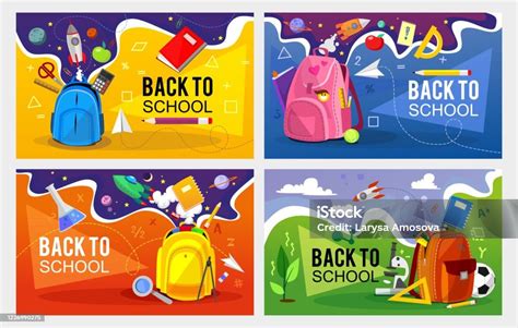 학교 배너 세트로 돌아갑니다 초대 포스터 배너 프로모션 판매 등을위한 학교 템플릿으로 다시 다채로운 학교 용품 만화 일러스트 학교 디자인 템플릿으로 돌아가는 벡터입니다