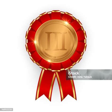 빨간 리본이 달린 동메달 빨간 리본 주름이 있는 둥근 동메달 3d 휘장 공로상 벡터 그림입니다 1위에 대한 스톡 벡터 아트 및