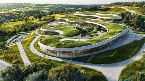 Modern Building Integrated Into Rolling Hills With Green Roof Premium