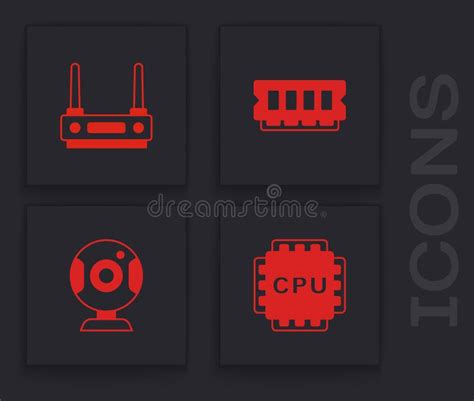 Set Processor With CPU Router And Wi Fi Signal RAM Random Access Memory And Web Camera Icon