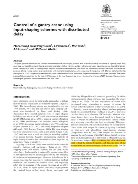 Control Of A Gantry Crane Using Input Shaping Schemes With Distributed Delay Pdf
