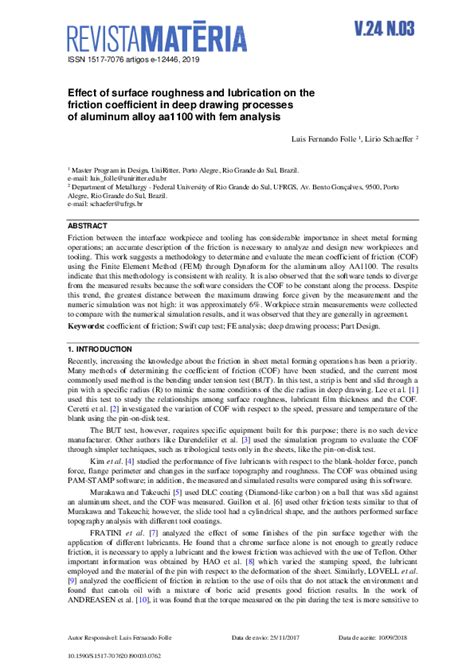 Pdf Effect Of Surface Roughness And Lubrication On The Friction Coefficient In Deep Drawing