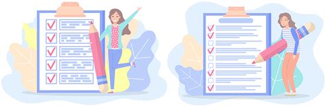 근처에 거대한 연필을 가진 긍정적이고 부정적인 비즈니스 여성이 클립보드 용지에 체크리스트를 표시했습니다 개념에 대한 스톡 벡터