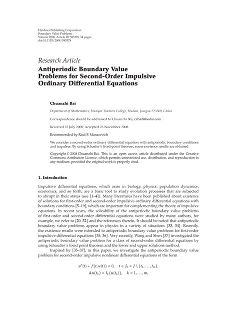 Pdf Antiperiodic Boundary Value Problems For Second Order Impulsive Ordinary Differential