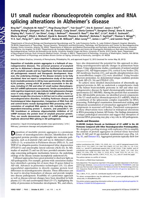 Pdf U1 Small Nuclear Ribonucleoprotein Complex And Rna Splicing Alterations In Alzheimers Disease