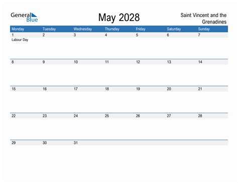 Editable May 2028 Calendar With Saint Vincent And The Grenadines