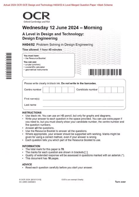 Actual 2024 Ocr Gce Design And Technology H40402 Problem Solving In Designengineering A Level