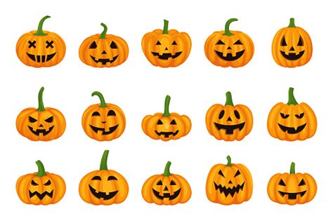 새겨진 얼굴을 가진 벡터 만화 호박 컬렉션 평평한 다채로운 호박 스티커 세트 할로윈 가을 수확을 위한 디자인 템플릿 귀엽고 재미있는 간단한 호박 일러스트 10월에 대한 스톡