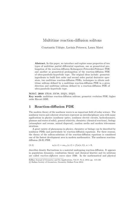 Pdf Multitime Reaction Diffusion Solitons