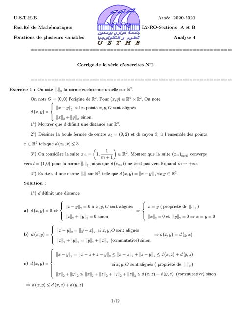 SOLUTION Corriger Exercices Analyse Fonction De Plusieurs Variables Studypool