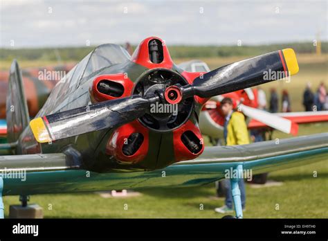 Old Single Engine Plane Closeup View Of The Propeller And The Engine
