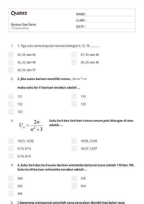 50 Lembar Kerja Barisan Dan Deret Untuk Kelas 12 Di Quizizz Gratis And Dapat Dicetak