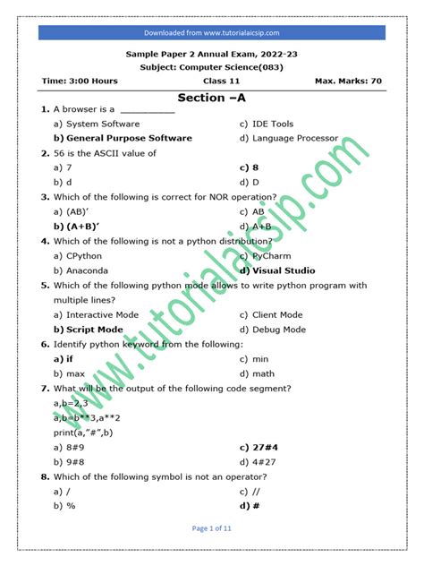 Answer Key Sample Paper 2 Class Xi Annual Exam Cs Pdf Python Programming Language