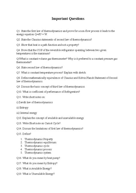 Thermodynamics Important Questions Important Questions Q1 State The First Law Of