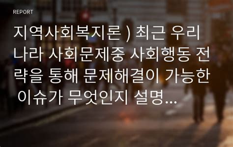 지역사회복지론 최근 우리나라 사회문제중 사회행동 전략을 통해 문제해결이 가능한 이슈가 무엇인지 설명하고 문제 해결을 위한 사회행동의 방법적 전략을 제시하시오 레포트