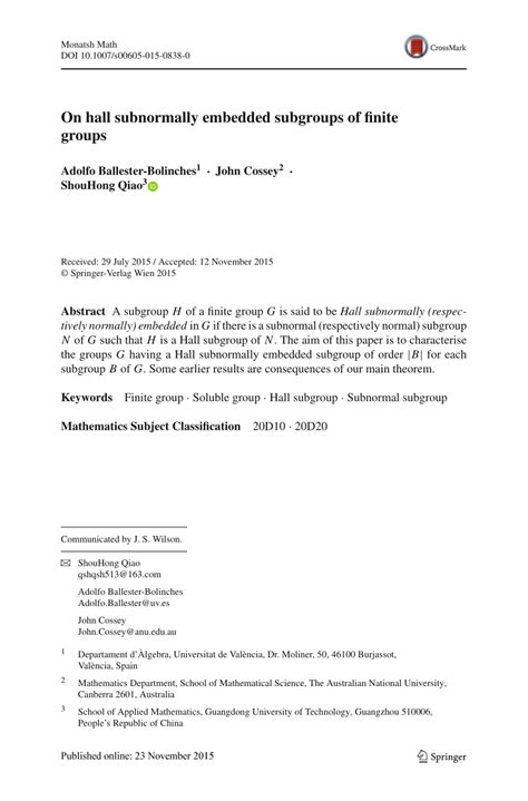 Pdf On Hall Subnormally Embedded Subgroups Of Finite Groups