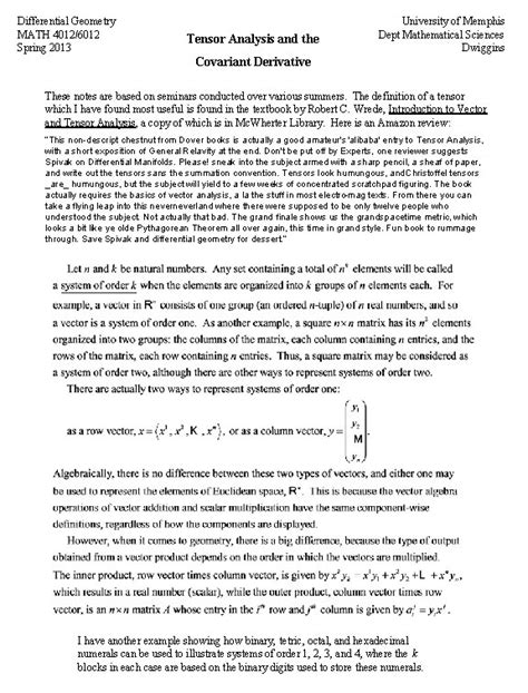 Differential Geometry MATH Spring Tensor Analysis