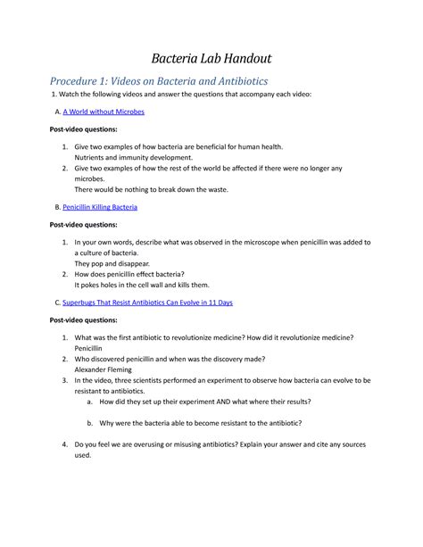 Bacteria Lab Handout Bacteria Lab Handout Procedure 1 Videos On Bacteria And Antibiotics