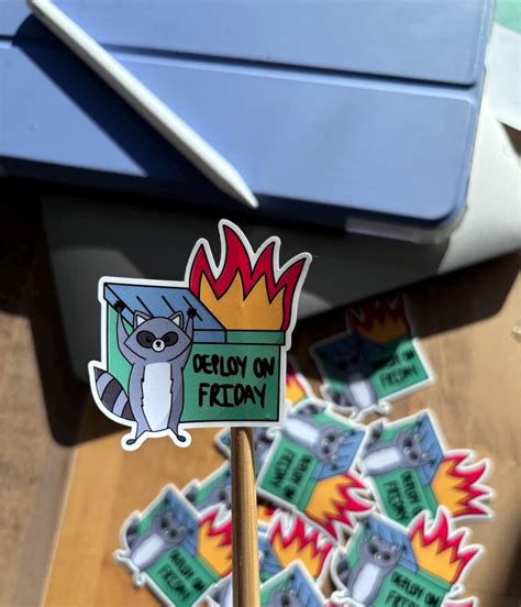 Deploy On Friday Sticker Funny Tech Sticker Dumpster Fire With Raccoon Devops Software