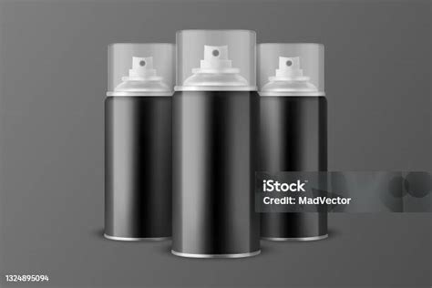 세 벡터 3d 현실적인 블랙 알루미늄 빈 스프레이 캔 병 투명 뚜껑 절연 작은 중간 큰 크기 디자인 템플릿 분무기 캔 모의