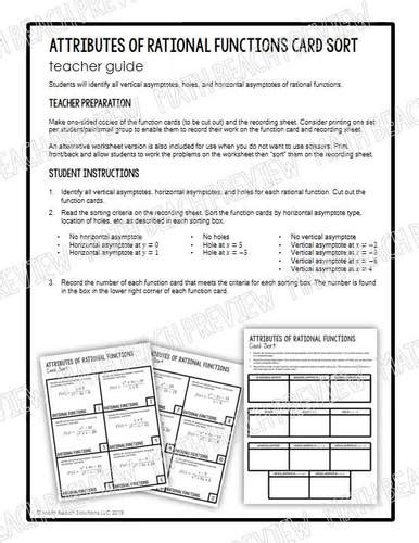 Attributes Of Rational Functions Card Sort Activity By Math Beach Solutions