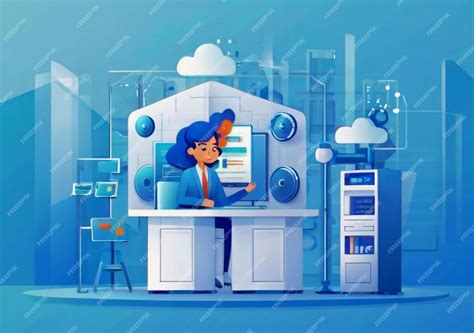 A Cartoon Of A Man Working On A Computer With A Blue Background With A Man Working On It