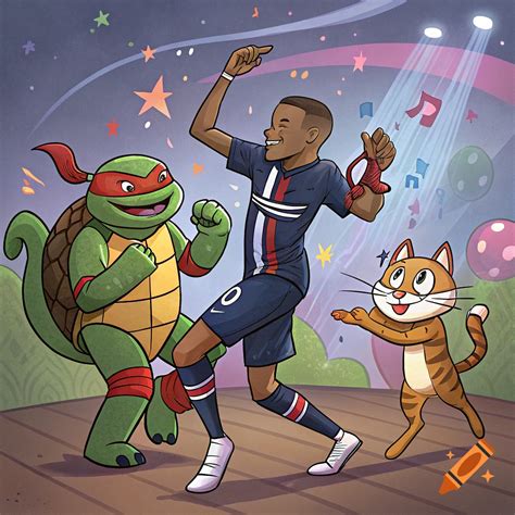 Cartoon Illustration Of Mbappe Dancing With A Teenage Mutant Ninja Turtle And A Cat On A Stage