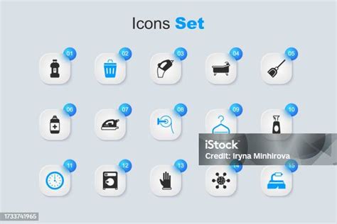 박테리아 전기 다리미 쓰레기통 시계 청소용 브러시 세제가 든 청소 스프레이 병 및 화장지 롤 아이콘을 설정합니다 벡터 가사 집안일에 대한 스톡 벡터 아트 및 기타 이미지
