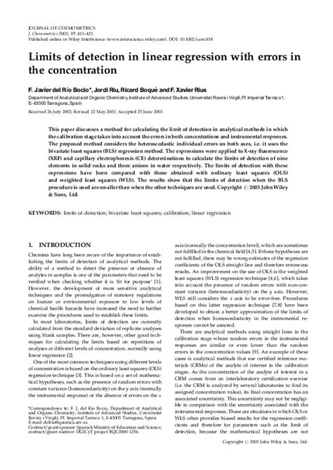 Pdf Limits Of Detection In Linear Regression With Errors In The Concentration
