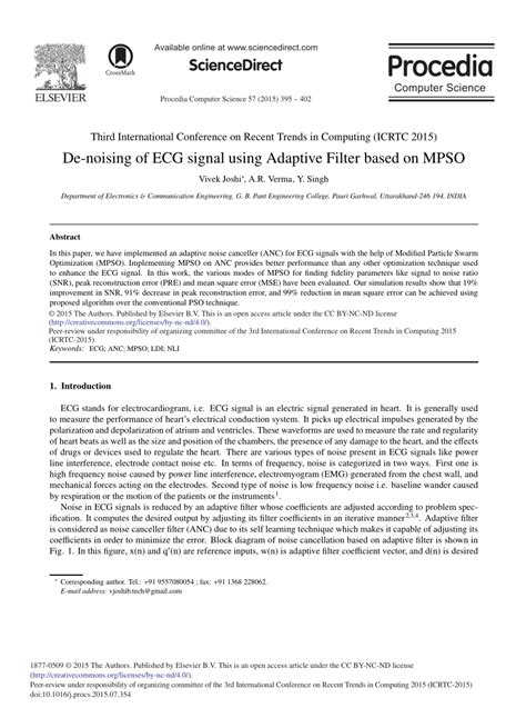 Pdf De Noising Of Ecg Signal Using Adaptive Filter Based On Mpso