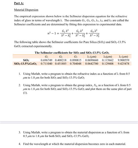 Solved Part A Material Dispersion The Empirical Expression