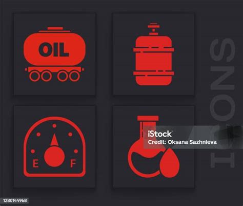 세트 오일 가솔린 테스트 튜브 오일 철도 시스터른 프로판 가스 탱크 및 모터 가스 게이지 아이콘 벡터 0명에 대한 스톡 벡터