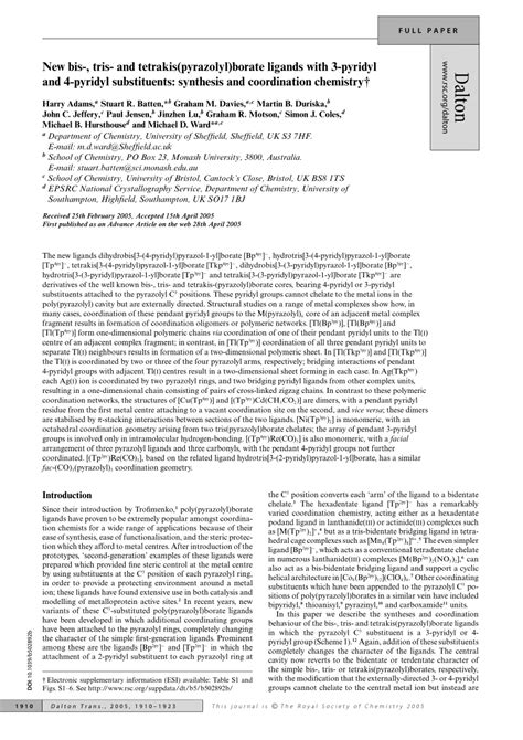Pdf New Bis Tris And Tetrakis Pyrazolyl Borate Ligands With 3 Pyridyl And 4 Pyridyl