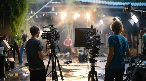Two Cameramen Filming A Scene On A Movie Set Premium Ai Generated Image
