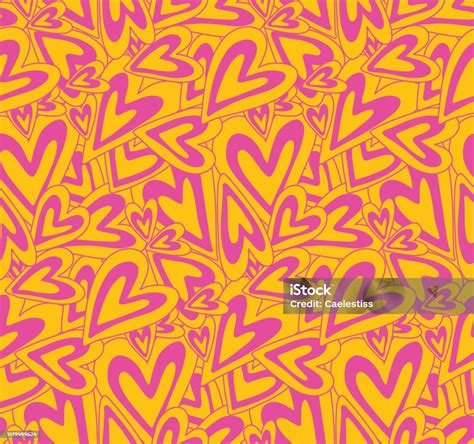 그루비 퍼플 옐로우 하트 Y2k 90s 이음새가 없는 패턴 벡터 배경 복고풍 히피 로맨틱 반복 텍스처 벽지 섬유 디자인 1980 1989 년에 대한 스톡 벡터 아트 및 기타