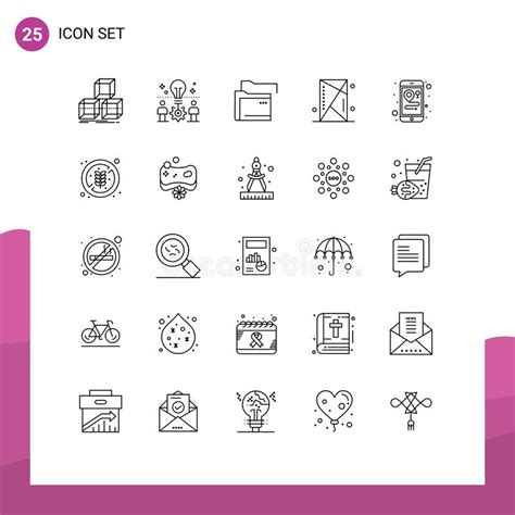 Mobile Interface Line Set Of 25 Pictograms Of Shield Games Setting Devices Network Stock