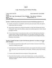 Quiz Logic Reasoning And Critical Thinking 1 Docx QUIZ Logic Reasoning And Critical