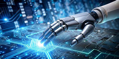 Machine Learning Hand Robot Touching Computer Chip And Binary Data