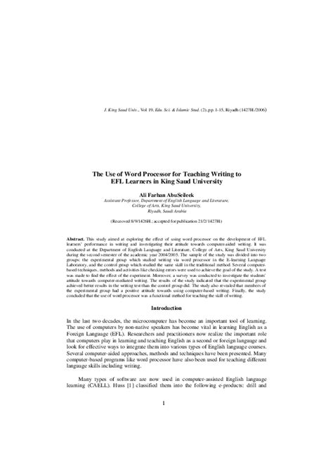 Pdf The Use Of Word Processor For Teaching Writing To Efl Learners In King Saud University