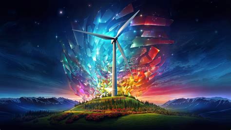 Windmill In The Sky With Colorful Lights Amazing Splashscreen Artwork Generative Ai Stock