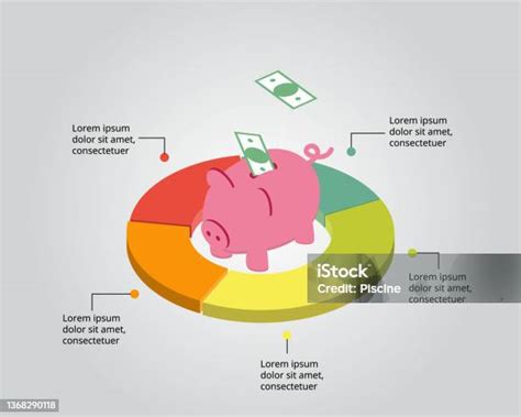 5 요소에 대한 프리젠 테이션을위한 인포 그래픽을위한 돈 또는 자산 할당 템플릿을 절약하기위한 돼지 저금통 0명에 대한 스톡 벡터 아트 및 기타 이미지 Istock