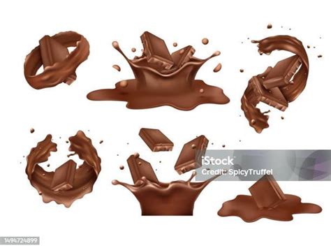 밀크 초콜릿 바 초코 스플래쉬 움직이는 다크 코코아 조각 케이크 로고 3d 격리 요소 핫멜트 또는 쉐이크 액체 떨어지는 소용돌이 스무디 또는 멜트 크림 벡터 디자인 개체
