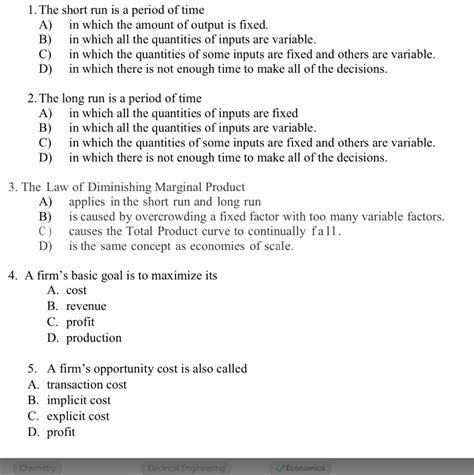 Solved 1 The Short Run Is A Period Of Time A In Which The