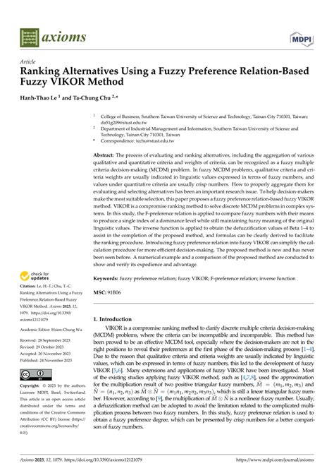 Pdf Ranking Alternatives Using A Fuzzy Preference Relation Based