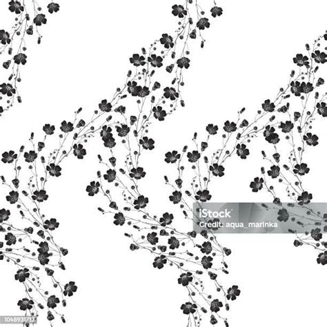 꽃과 꽃 봉 오리와 함께 아마 식물의 꽃 완벽 한 패턴입니다 흰색 바탕에의 검은 실루엣 흑백 벡터 일러스트입니다 0명에 대한 스톡 벡터 아트 및 기타 이미지 Istock