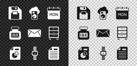 Set Floppy Disk Cloud Database Calendar Document With Graph Chart Wrist